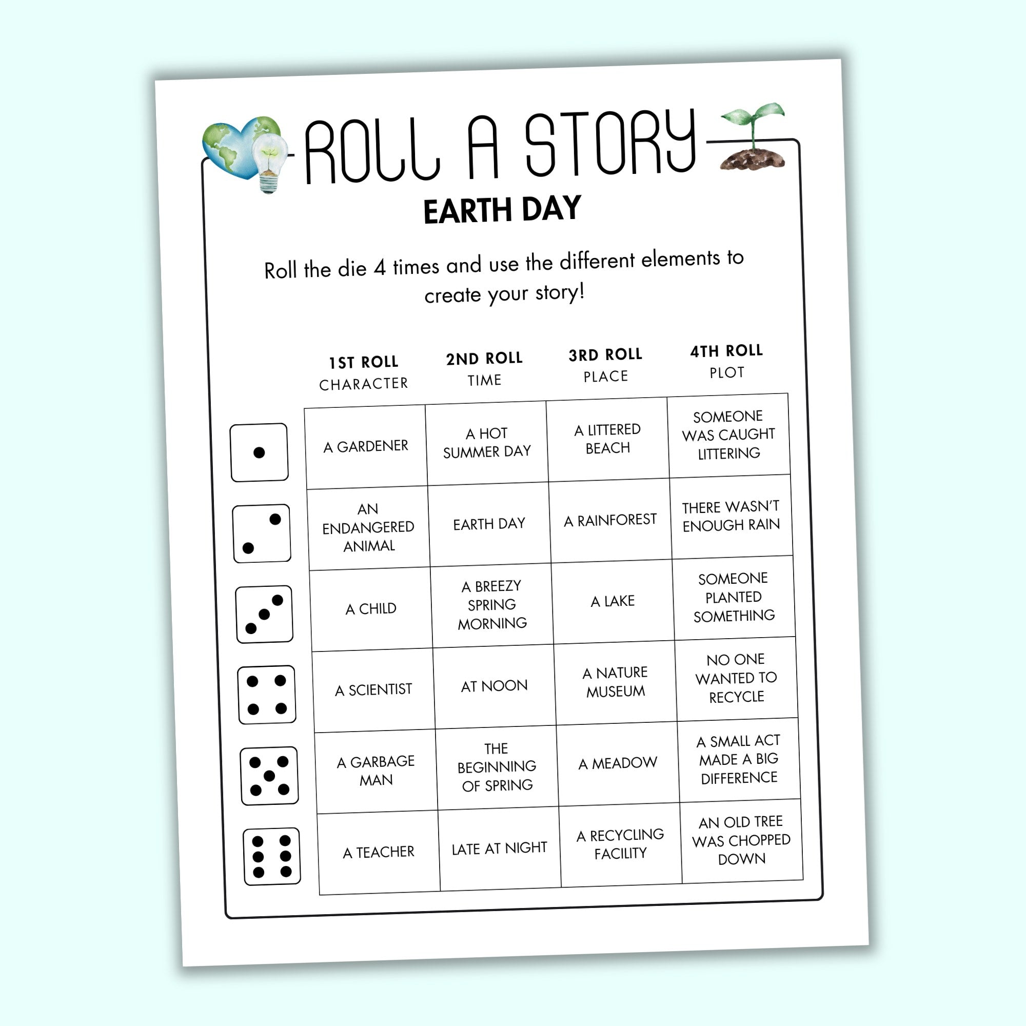 Earth Day Roll a Story Game – Printables by The Craft-at-Home Family
