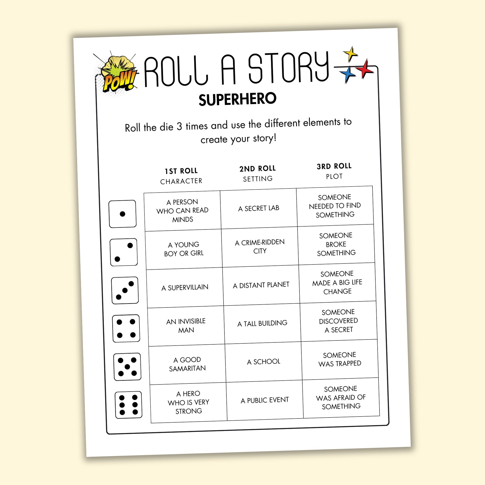 Roll a Story Game - Superhero – Printables by The Craft-at-Home Family