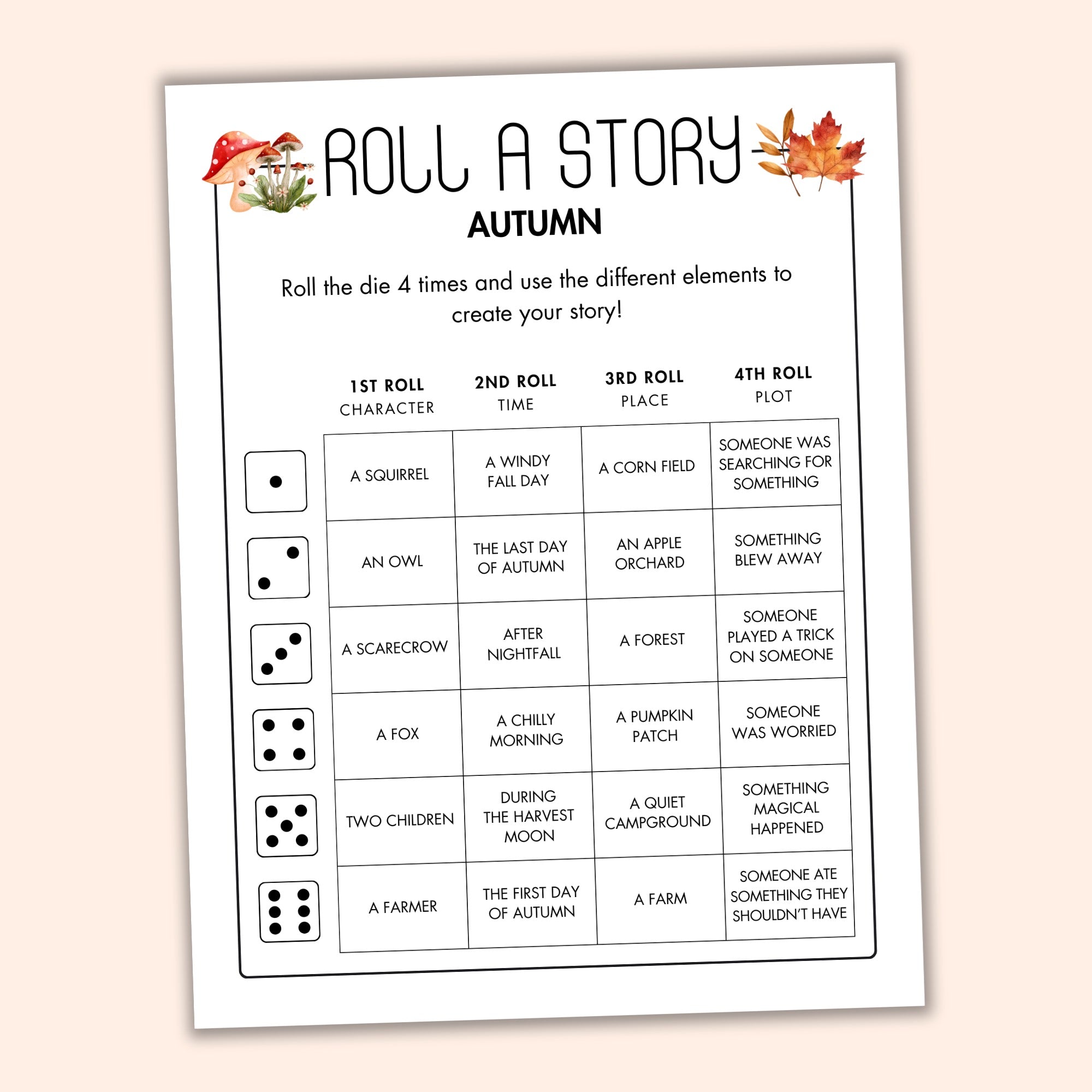 Fall Roll a Story Game – Printables by The Craft-at-Home Family