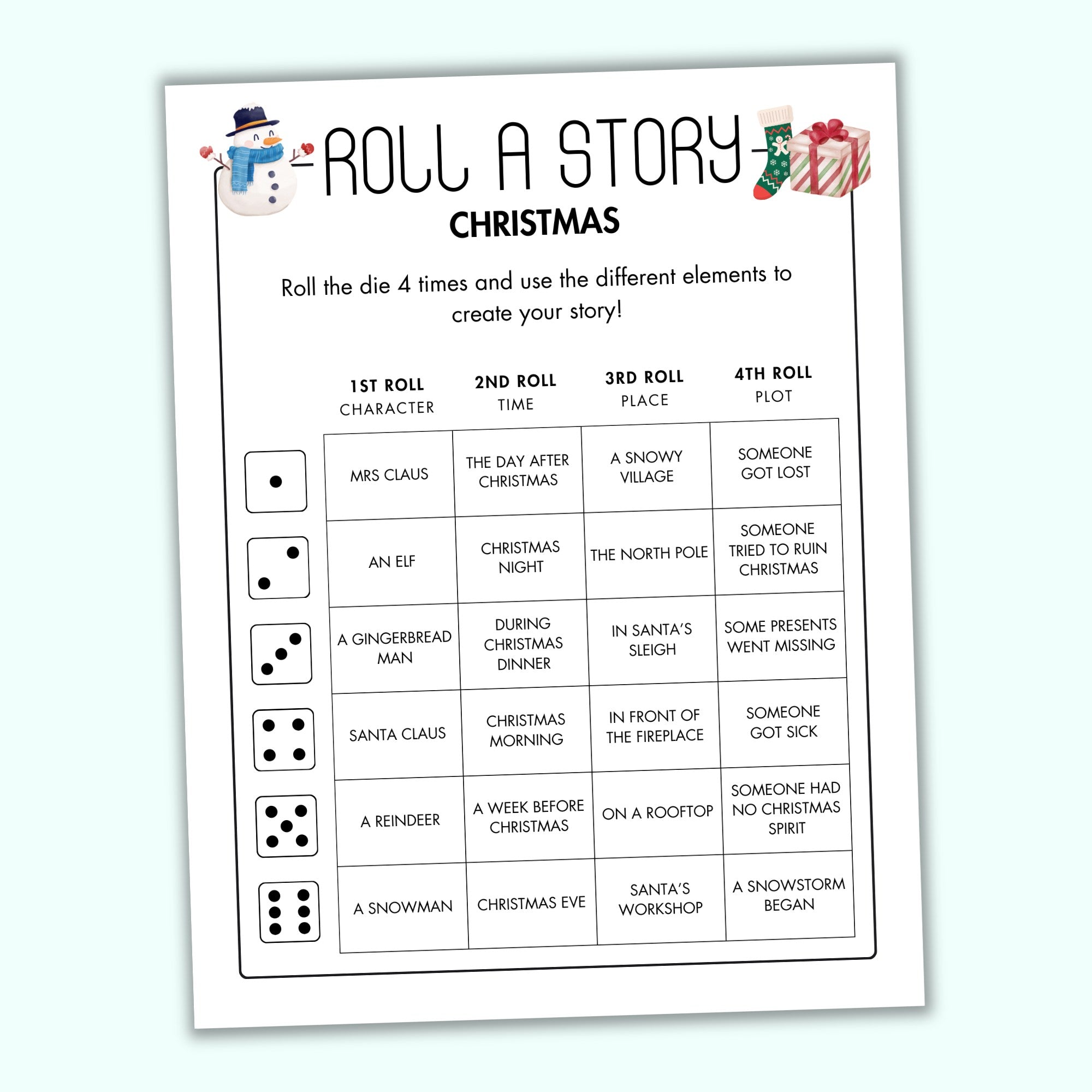 Christmas Roll a Story Game – Printables by The Craft-at-Home Family